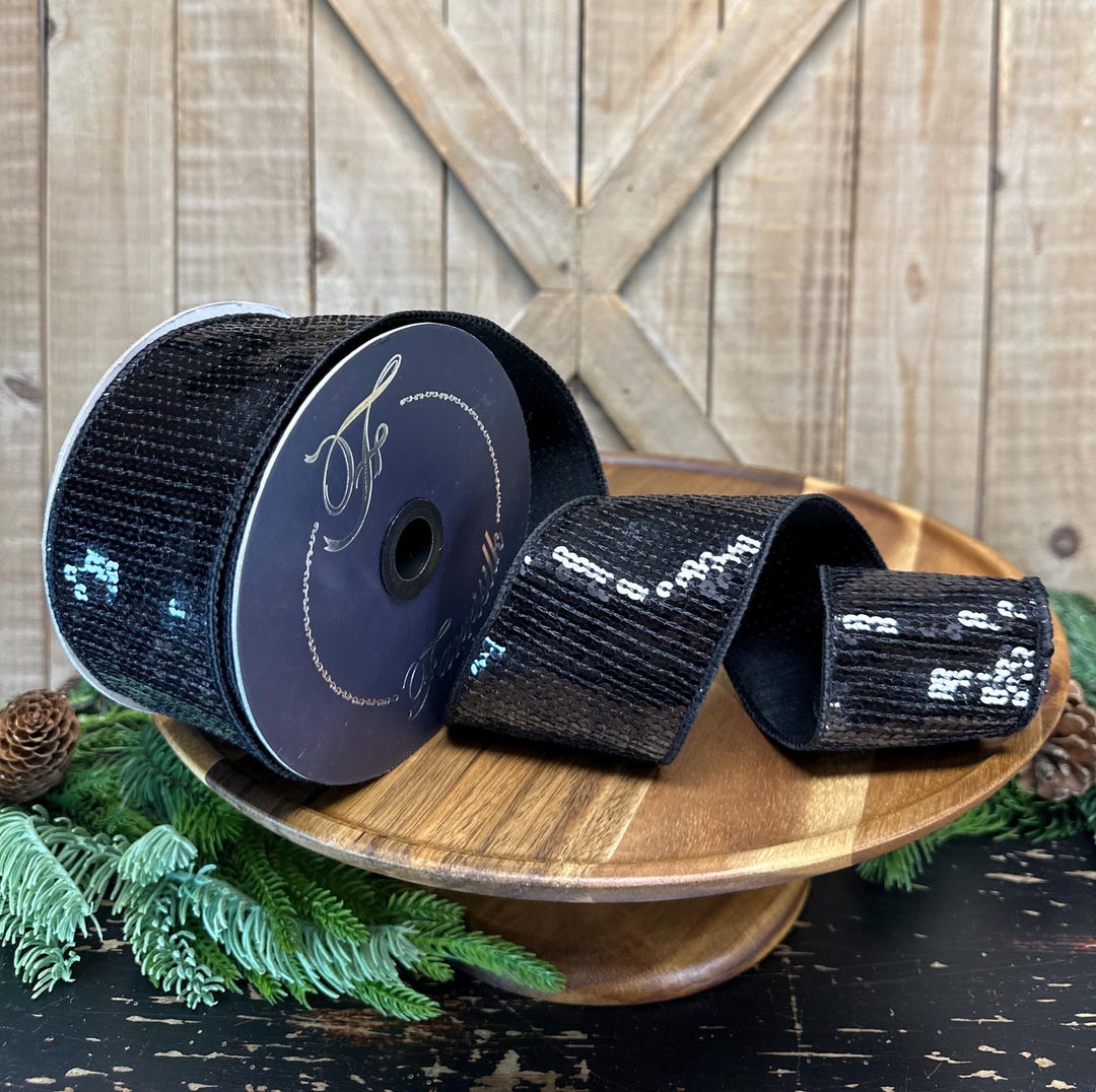 10 Yards, 2.5 Inch, Black Sequin Shine Ribbon, Wired Ribbon, Designer ...