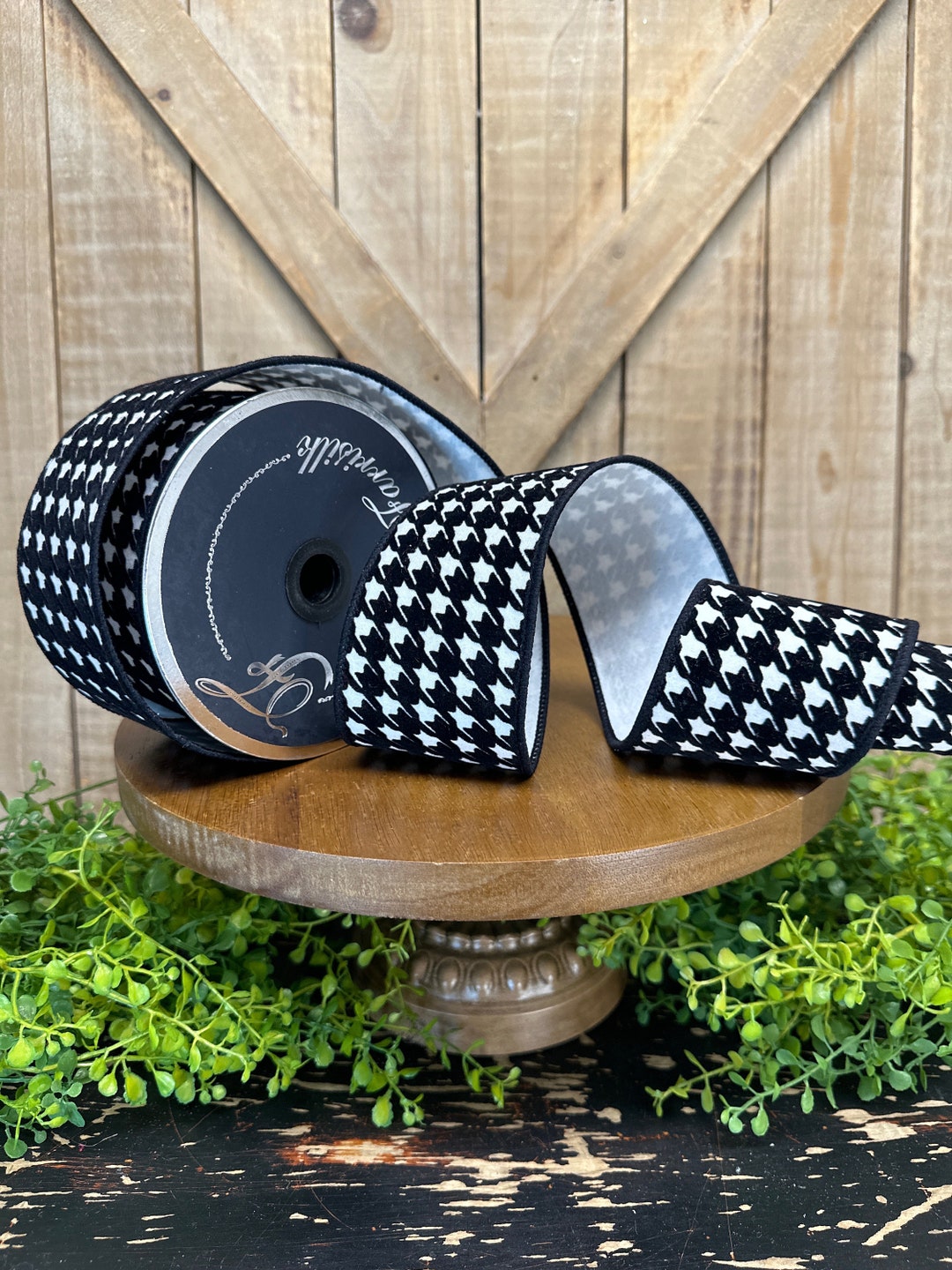 10 Yards 2.5 Inch, Black and White Houndstooth Wired Ribbon, Premium ...