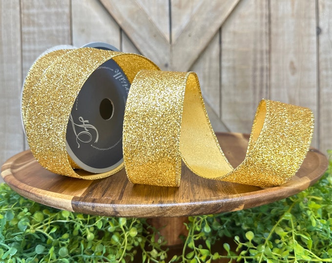 10 Yards, 1.5 Inch, Diamond Dust Gold Wired Ribbon, Farrisilk Designer ...