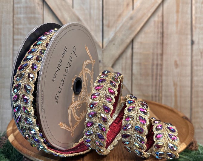 5 Yards, 1 Inch, Burgundy Jewel Gold Aurora Borealis, Honey Locust Leaves, Wired Ribbon ...