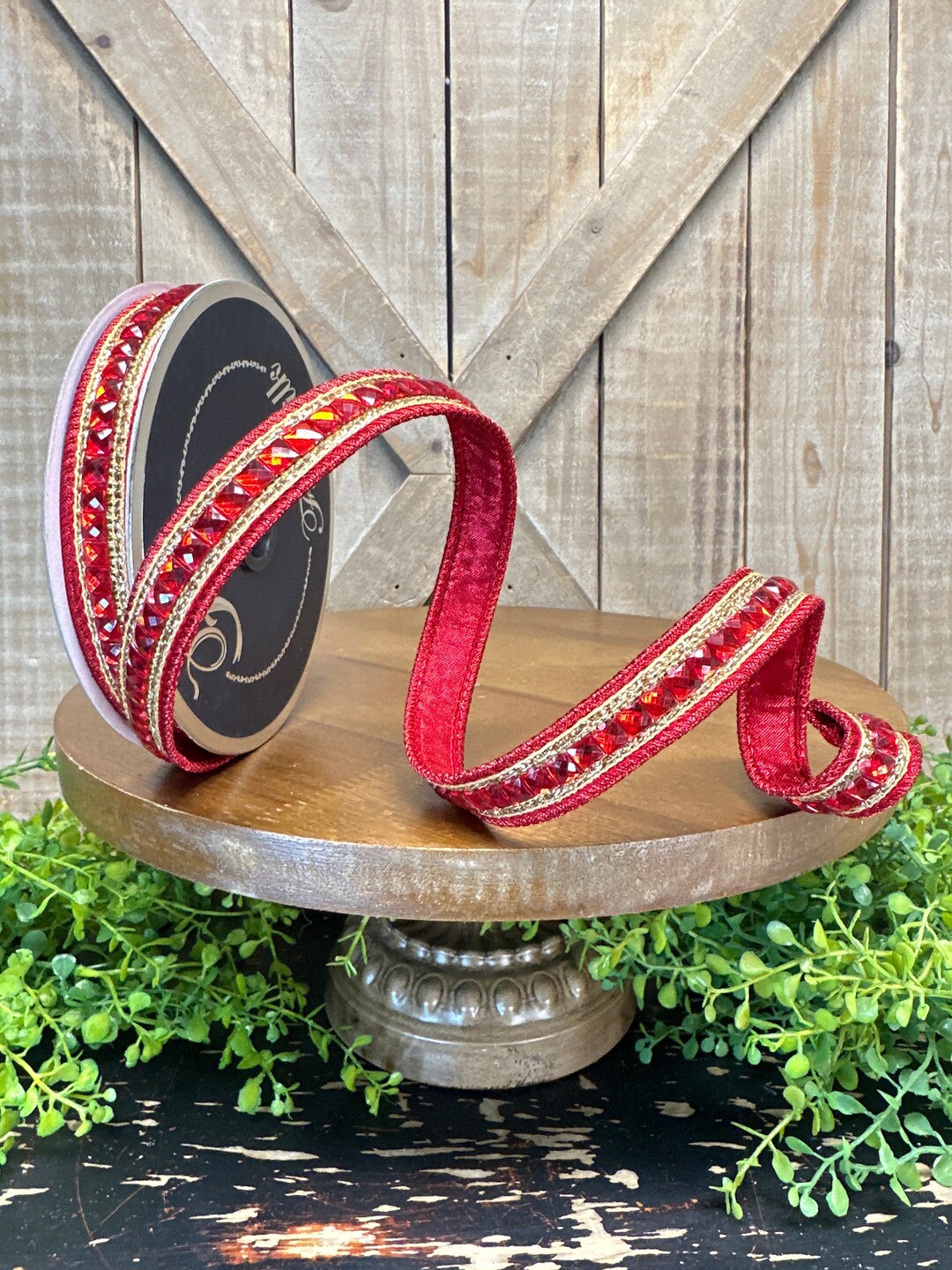 5 Yards, 3/4 Inch Red Jewely Garden Wired Ribbon, Jeweled Designer ...