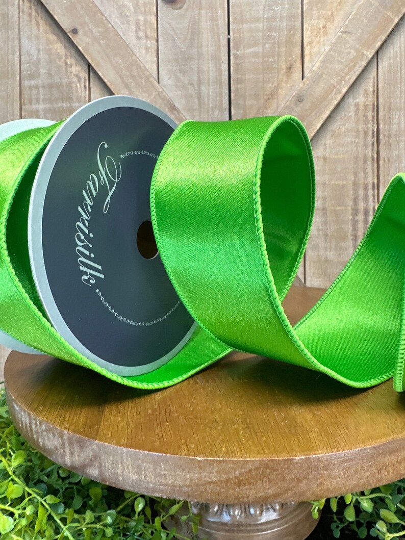 Lime Green Satin Wired Ribbon, Designer Ribbon, Farrisilk, 10 Yards, 2. ...