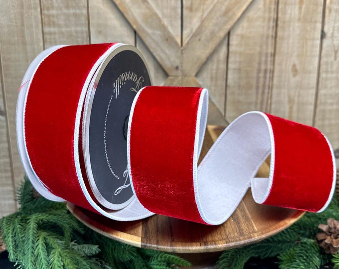 10 Yards, 2.5 Inch, 2 Tone Red and White Velvet Wired Ribbon, Farrisilk ...