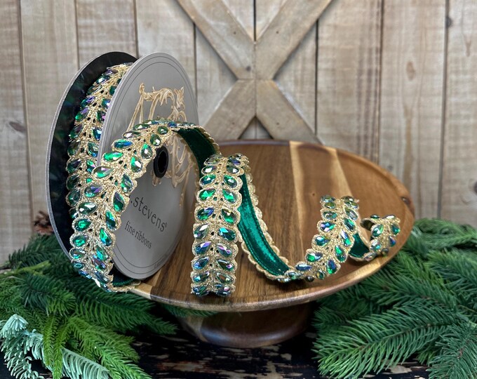 5 Yards, 1 Inch, Green Jewel Gold Aurora Borealis, Honey Locust Leaves ...