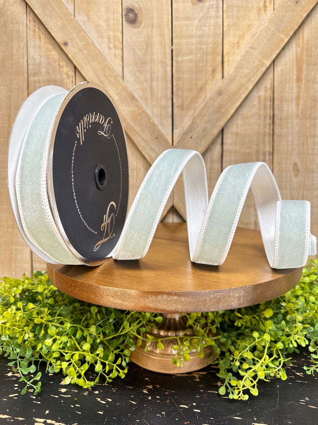 10 Yards, 1 Inch, Two Tone Light Blue and White Velvet Wired Ribbon ...