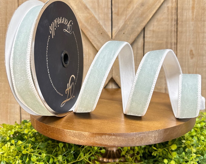 10 Yards, 1 Inch, Two Tone Light Blue and White Velvet Wired Ribbon ...