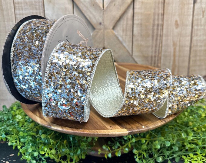 10 YDS, 2.5 Inch, Gold and Silver Chunky Glitter Wired Ribbon, Designer ...