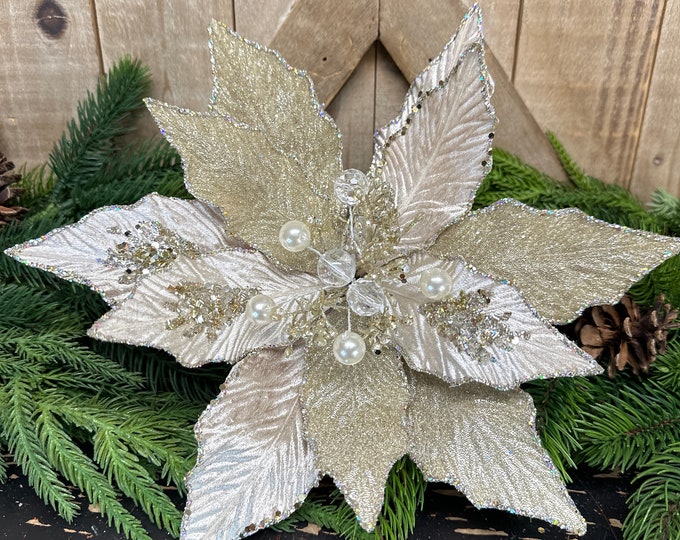 12 Inch Diameter, Farrisilk Platinum Festive Poinsettia Clip, Christmas ...
