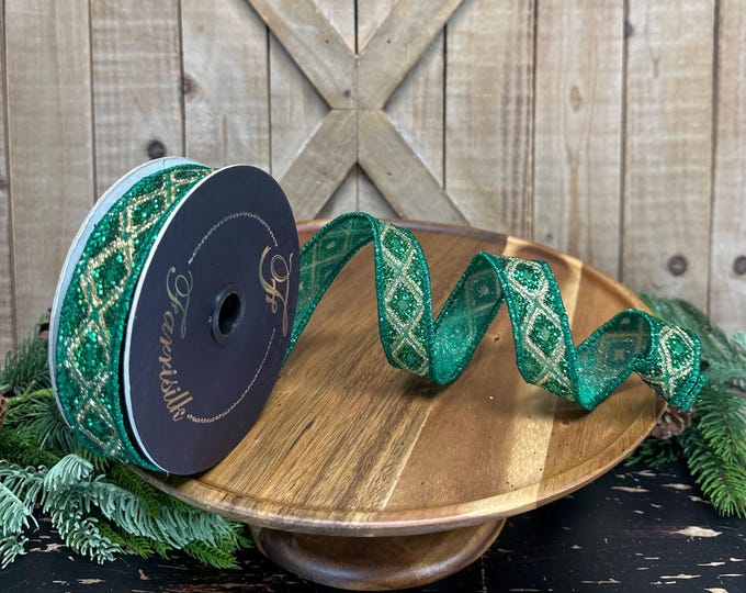 10 Yards, 1 Inch, Emerald Green Marquise Diamond Wired Ribbon, Premium ...