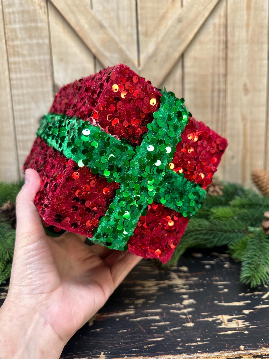 10 Inch, Decor Velvet and Sequin Gift Box, Dark Red and Emerald Green ...