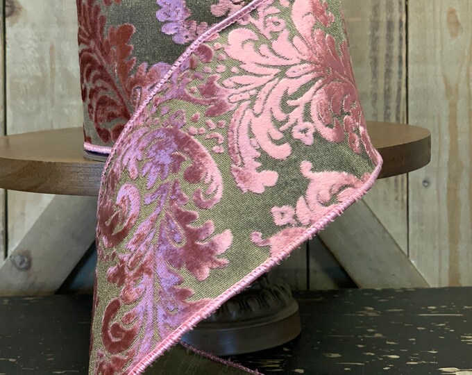 10 Yards 4 Inch Soft Rose Devore Pattern Velvet Ribbon, Wired Ribbon, A ...