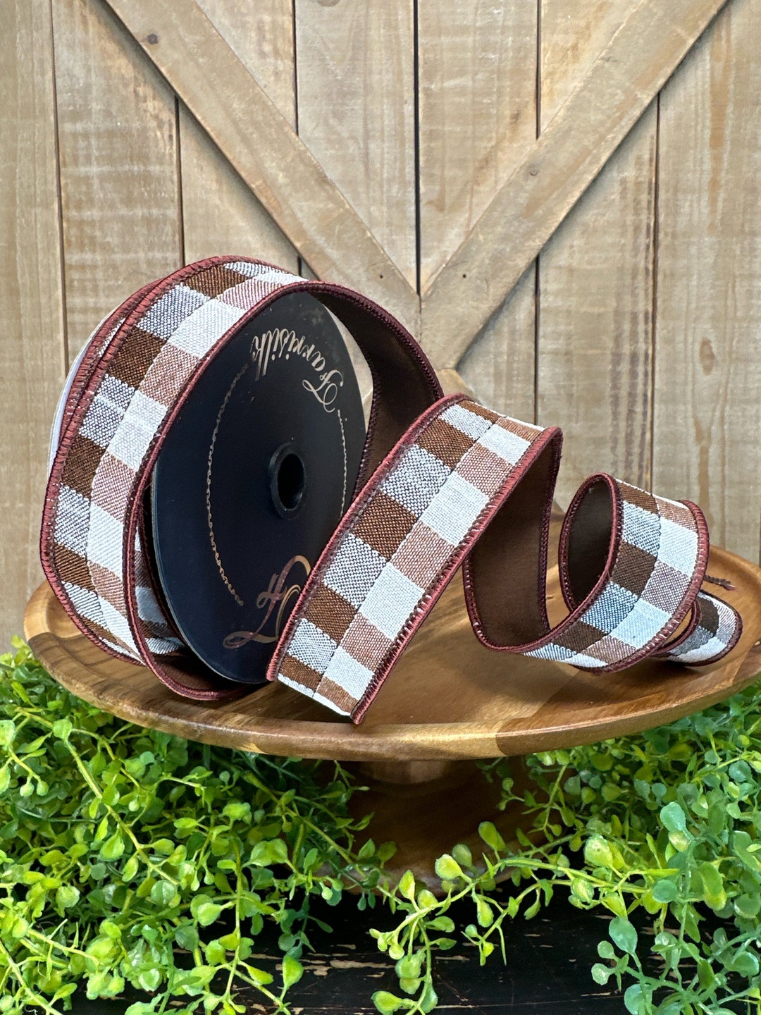 1 Inch, Chocolate and White Stitchery Wired Ribbon, 10 Yards Designer ...