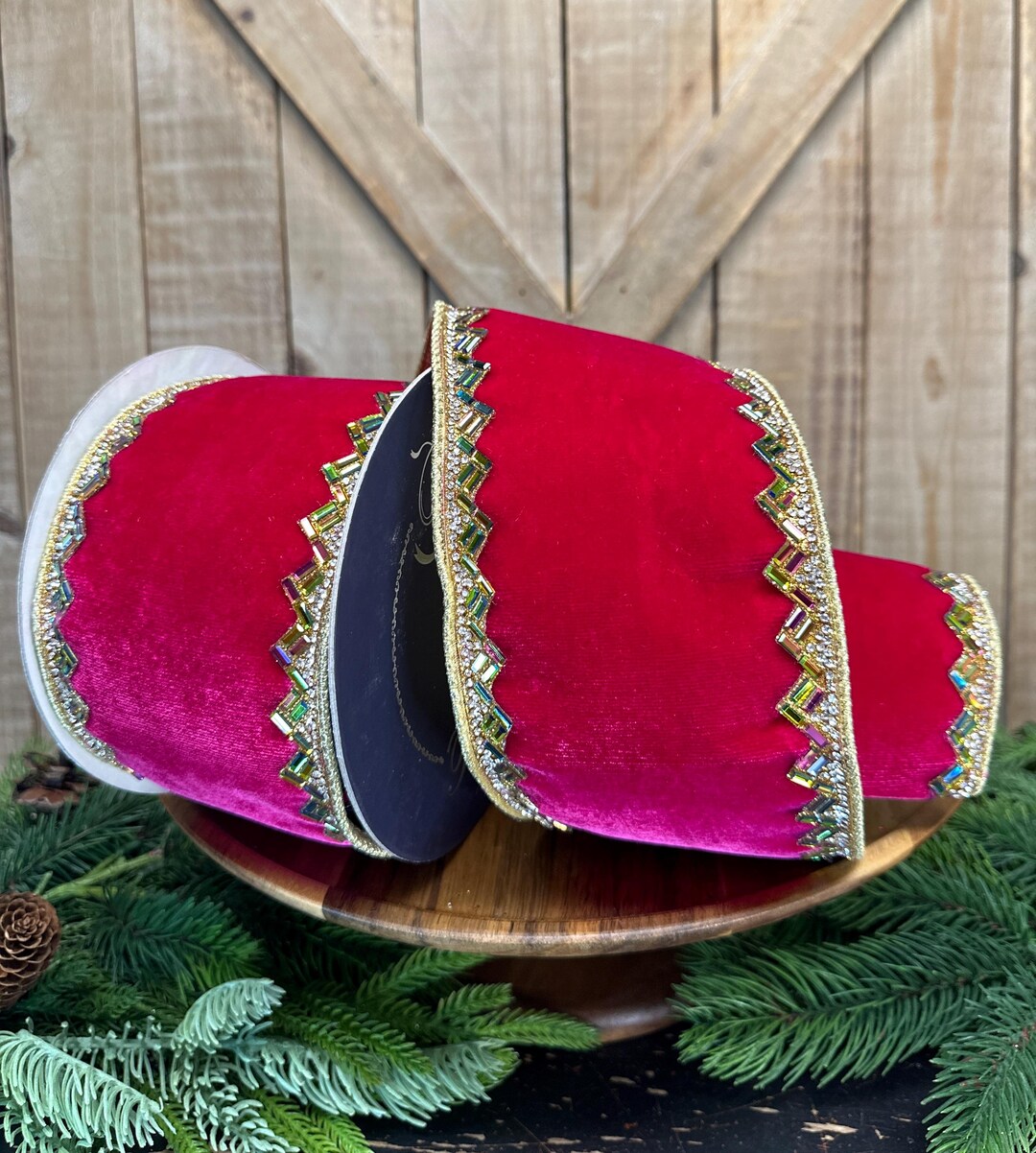5 Yards, 4 Inch, Plush Hot Pink Velvet and Heritage Jeweled Wired ...