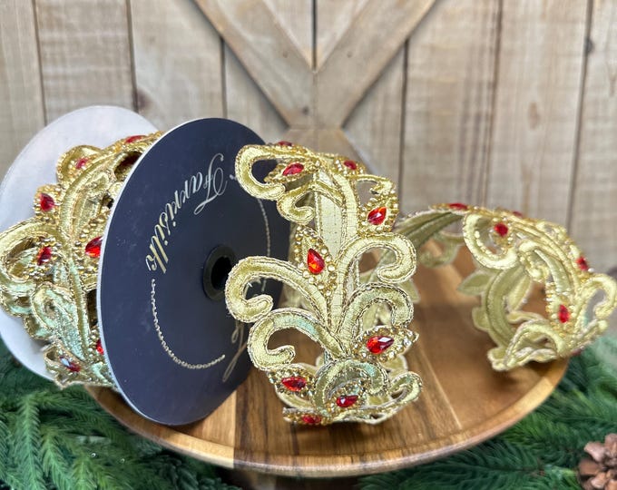 5 Yards, 3 Inch, Red and Gold Jewel Wired Ribbon, Designer Ribbon ...