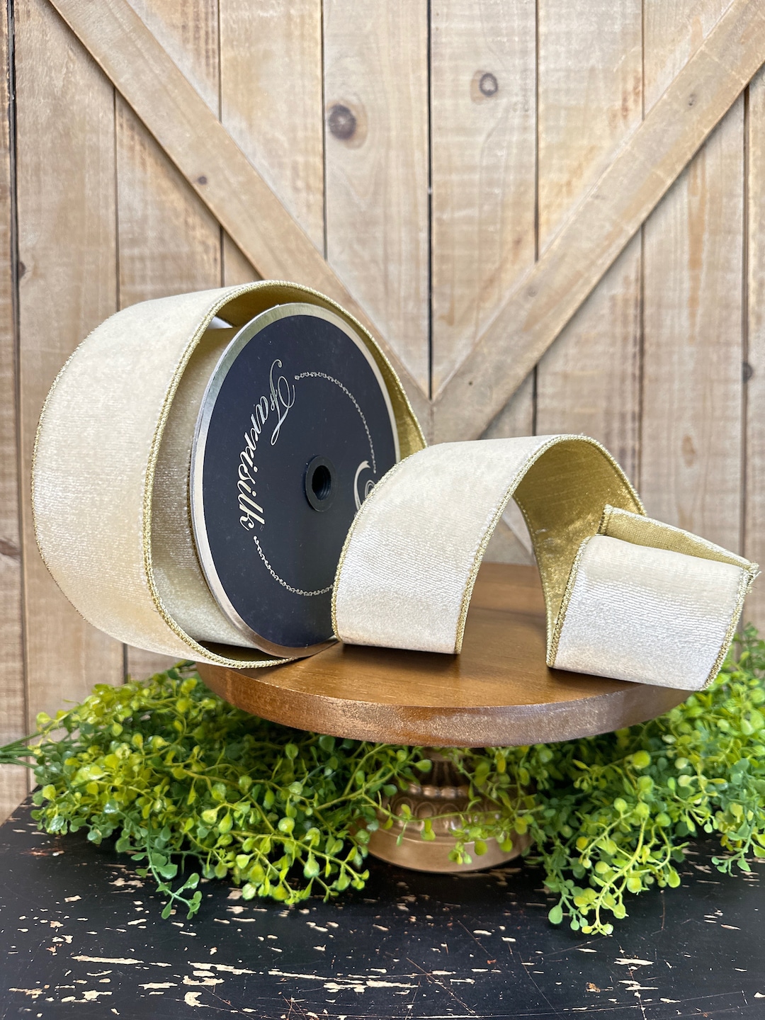 10 Yards, 2.5 Inch, Flashy Two Tone Cream and Gold Velvet Wired Ribbon ...