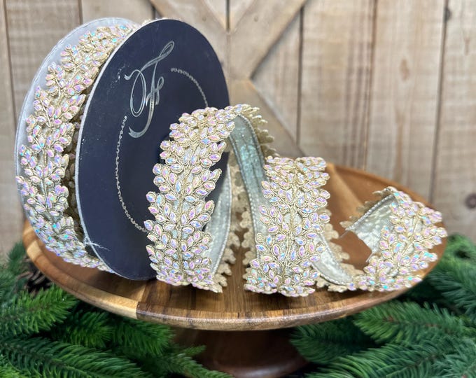 1.5 Inch, Iridescent With Gold Sparkling Jewels Wired Ribbon, 5 Yards ...