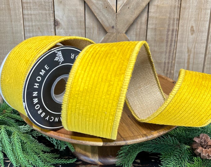 5 Yards, 2.5 Inch, Mustard Corduroy With Burlap Back Wired Ribbon ...