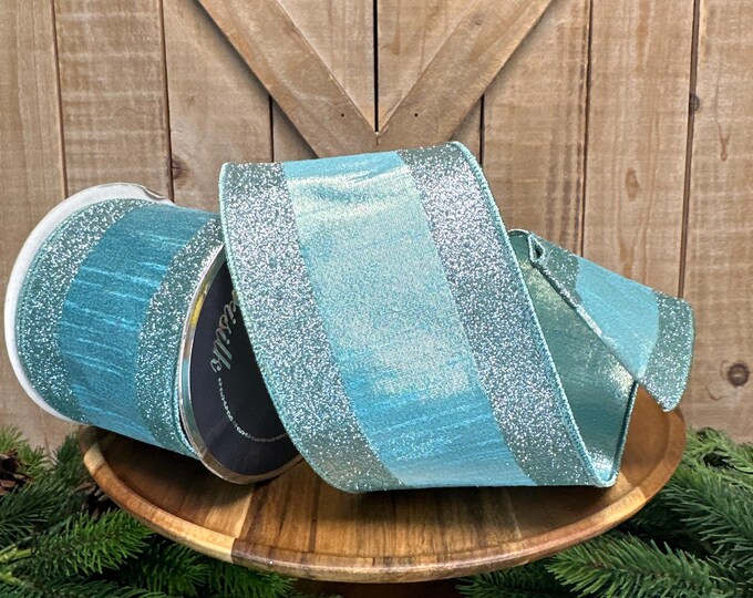 10 Yards, Light Blue Glitter Candy Wired Ribbon, 4 Inch Ribbon ...