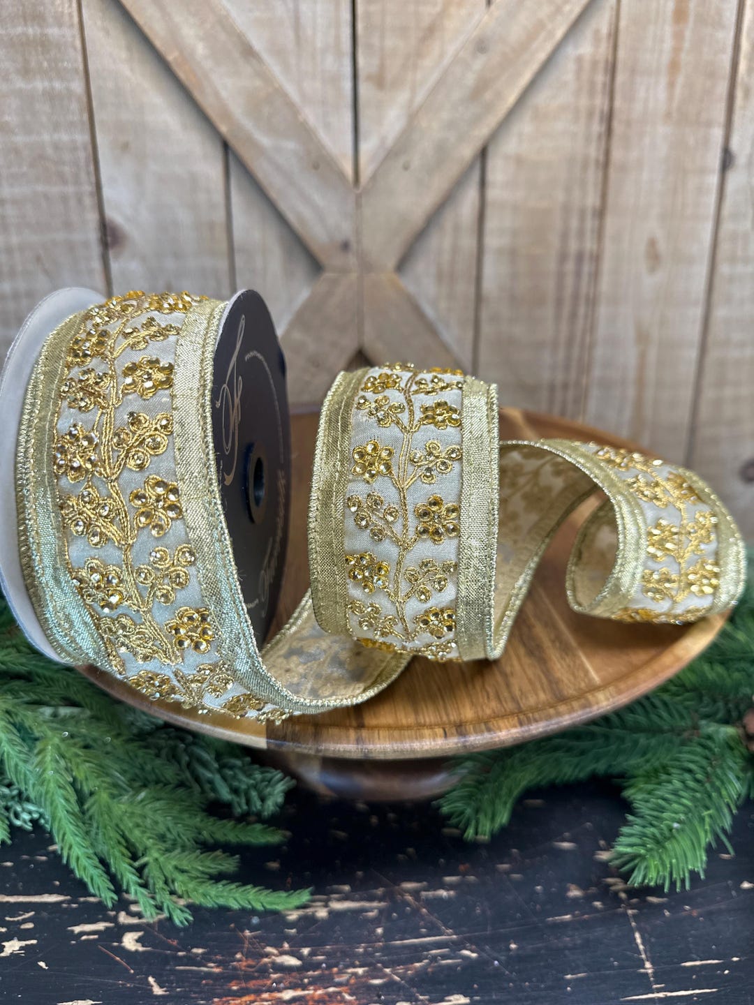 5 Yards, 2 Inch, Gold Jubilee Floret Jewel Wired Ribbon, Designer ...