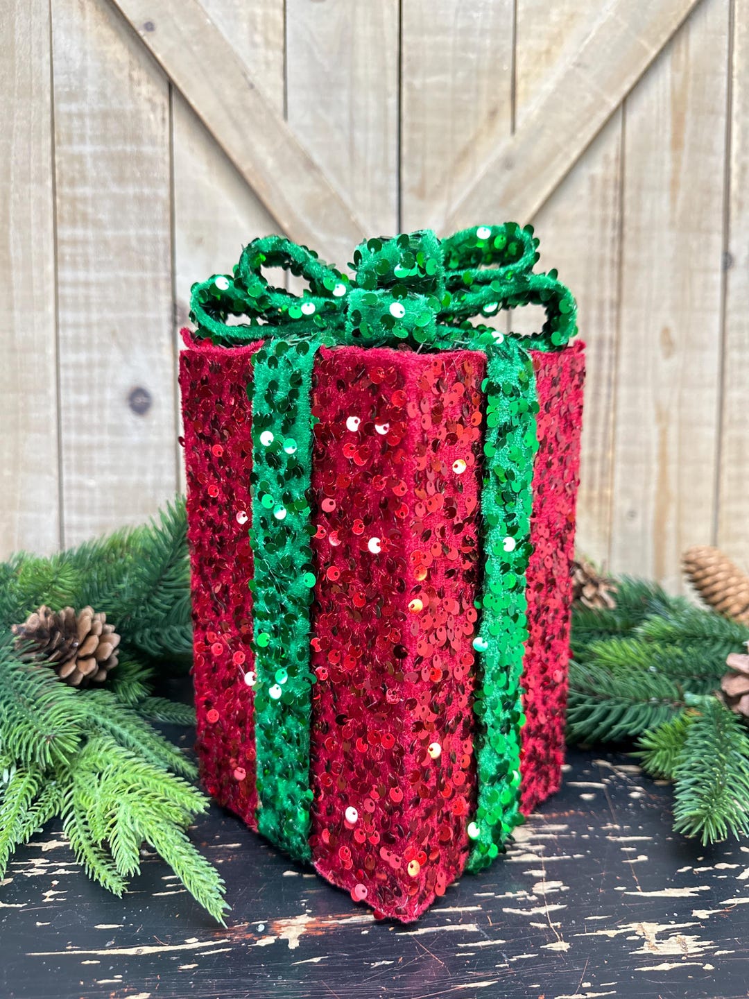 10 Inch, Decor Velvet and Sequin Gift Box, Dark Red and Emerald Green ...