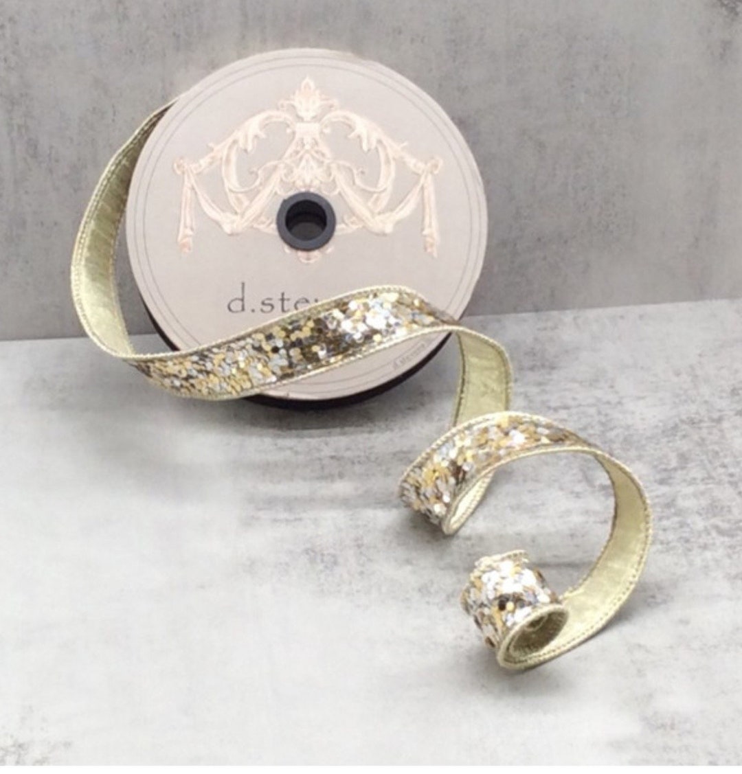 10 YDS, 1 Inch, Light Gold Chunky Glitter Wired Ribbon, Designer Wired ...