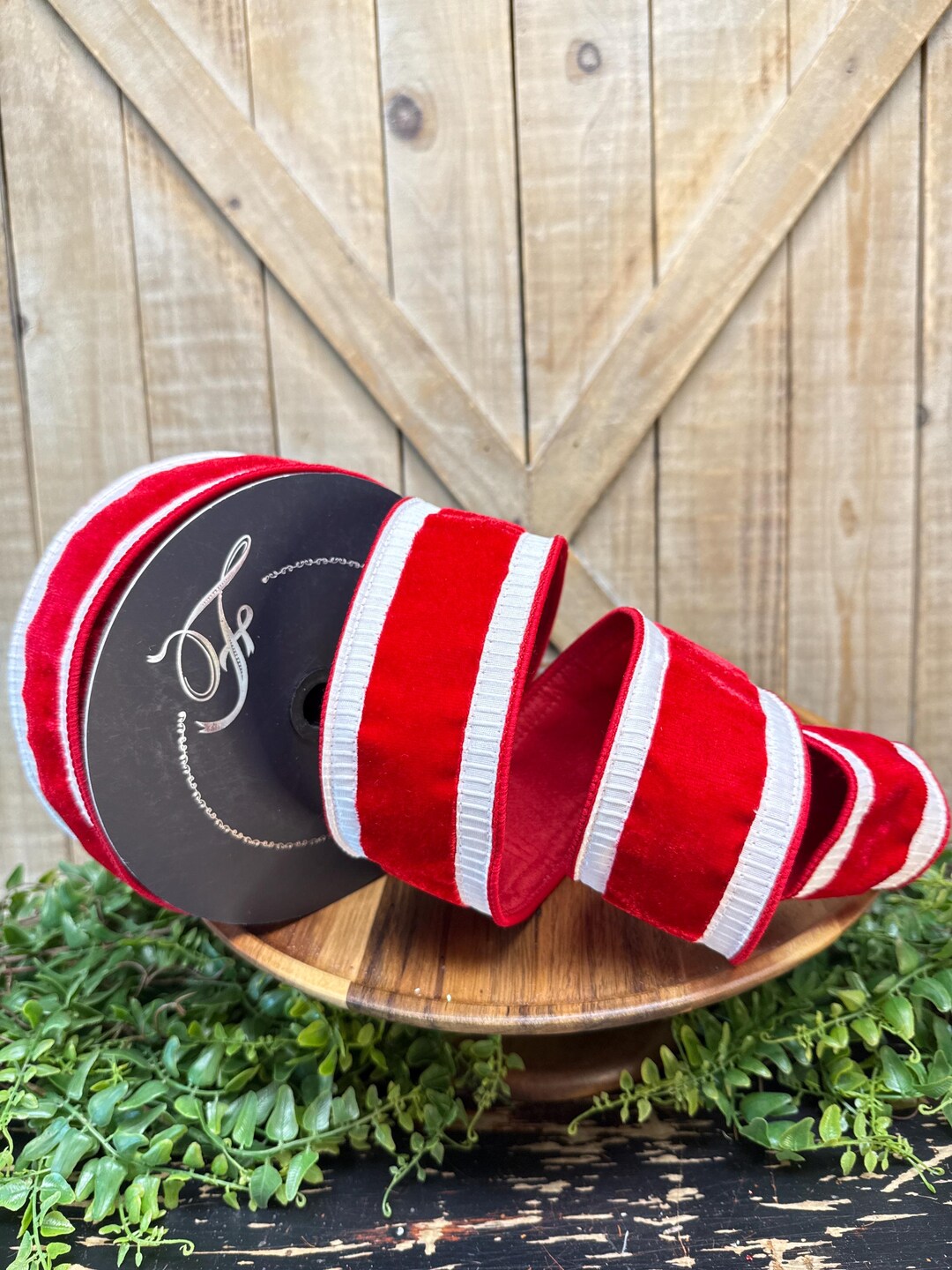 10 Yards, 2.5inch Red Velvet With White Pleated Borders Ribbon, With ...