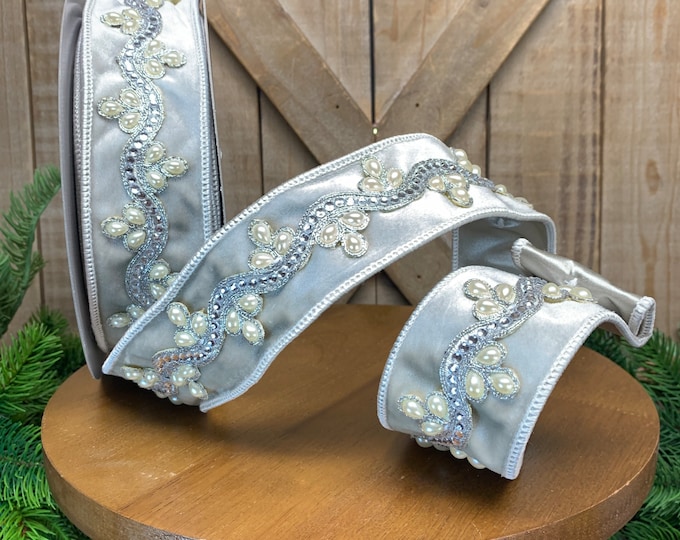 10 Yards - Jeweled Light Grey and Silver Velvet Wired Ribbon, 2 Inch ...