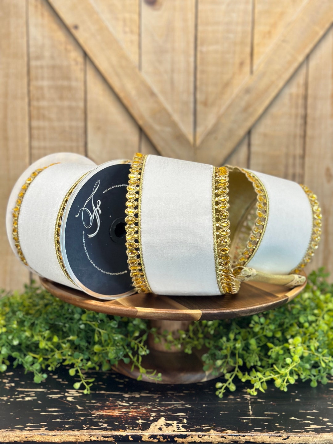 5 Yards 4 Inch Farrisilk Ivory Velvet Jeweled Plumes Ribbon, With Gold ...