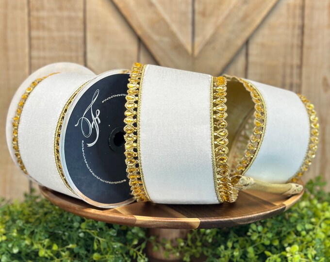 5 Yards - 4 Inch Farrisilk Ivory Velvet Jeweled Plumes Ribbon, With ...