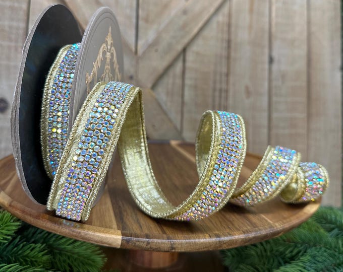 5 Yards, 1 Inch, Metallic Duchess Aurora Borealis Jeweled Center Gold ...