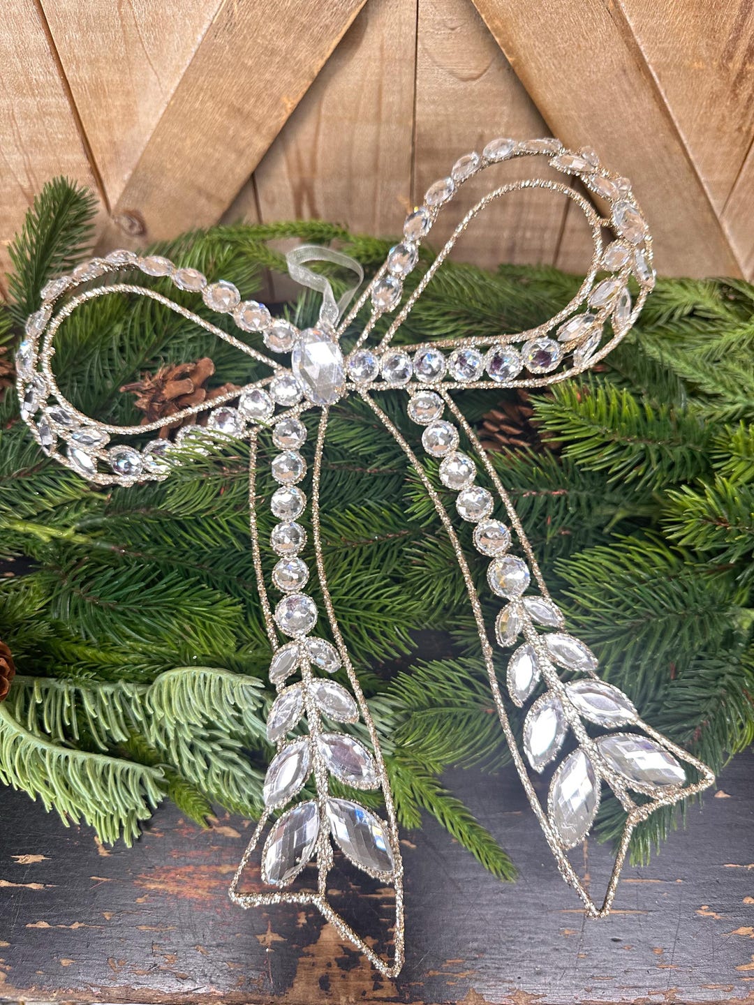 10.5 Inch, Clear Jeweled Bow Ornament, Christmas Decor, Tree Ornament ...