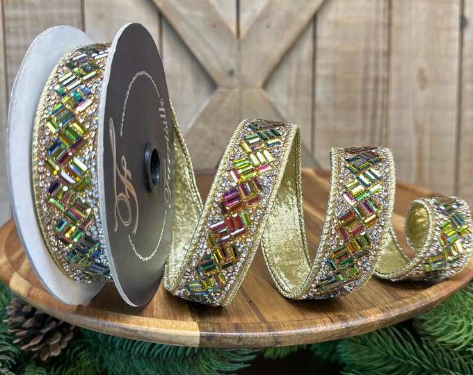 5 Yards, 1 Inch, Jubilee Jewel Wired Ribbon, Multi Color Jewels With ...