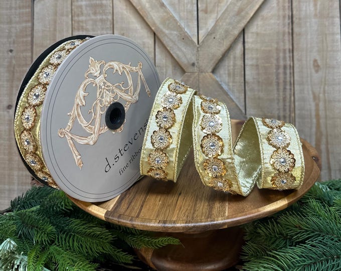 10 Yards, 1.5 Inch, Metallic Gold Decorative Sequin Trim Wired Ribbon ...