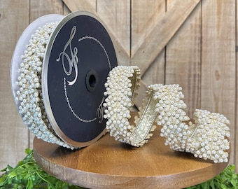 5 Yards, 2.5 Inch, Emerald Green and Gold Jewel Pearl Daises Jeweled ...