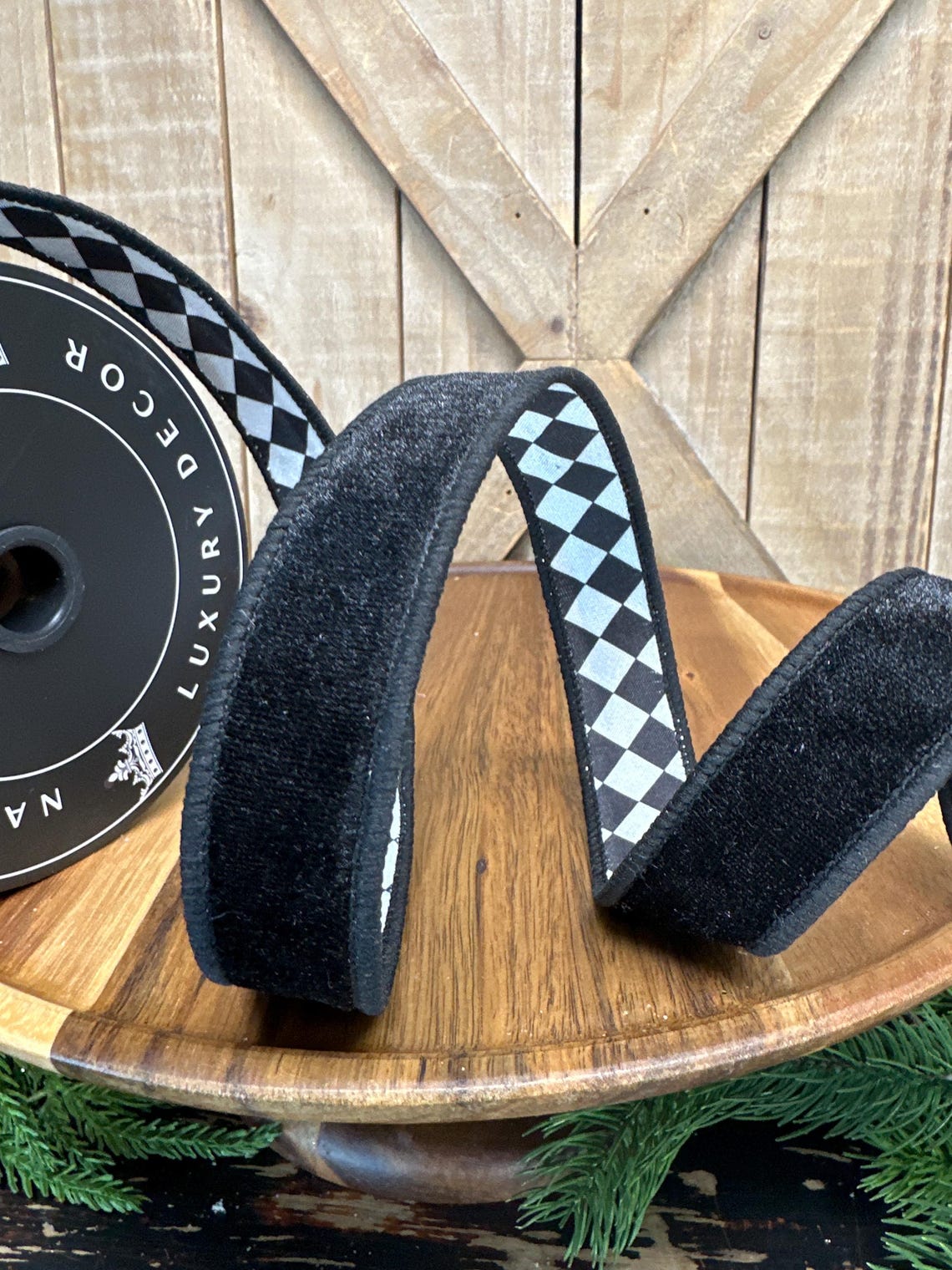 10 Yards, 1 Inch, Black Velvet With Harlequin Back Pattern Wired Ribbon ...