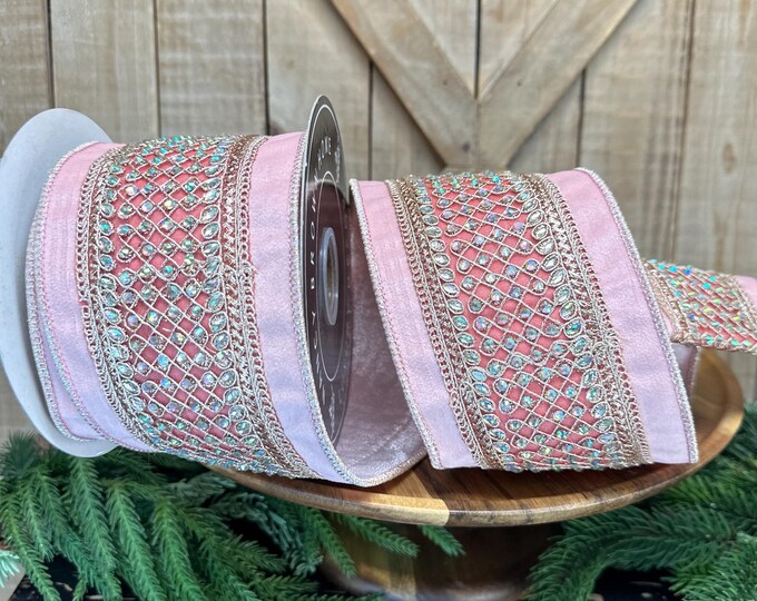 5 Yards, 4 Inch, Beaded Trim on Pink Velver Wired Ribbon, Designer ...