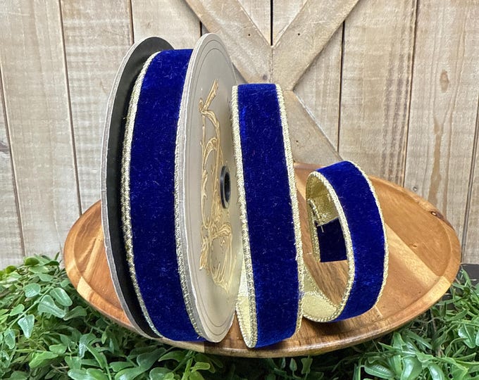 10 Yards, 1 Inch, Cobalt Blue Velvet With Gold Back Wired Edge Ribbon ...