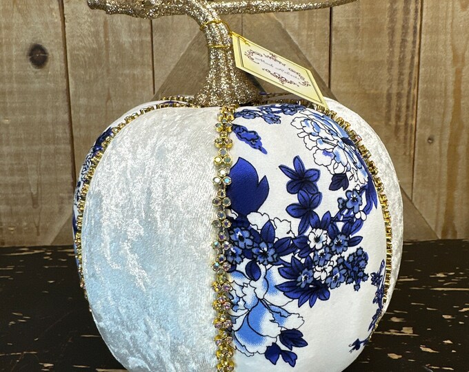 Mark Roberts Pumpkin, 7 Inch, Blue and White Ginger and Velvet Jeweled ...
