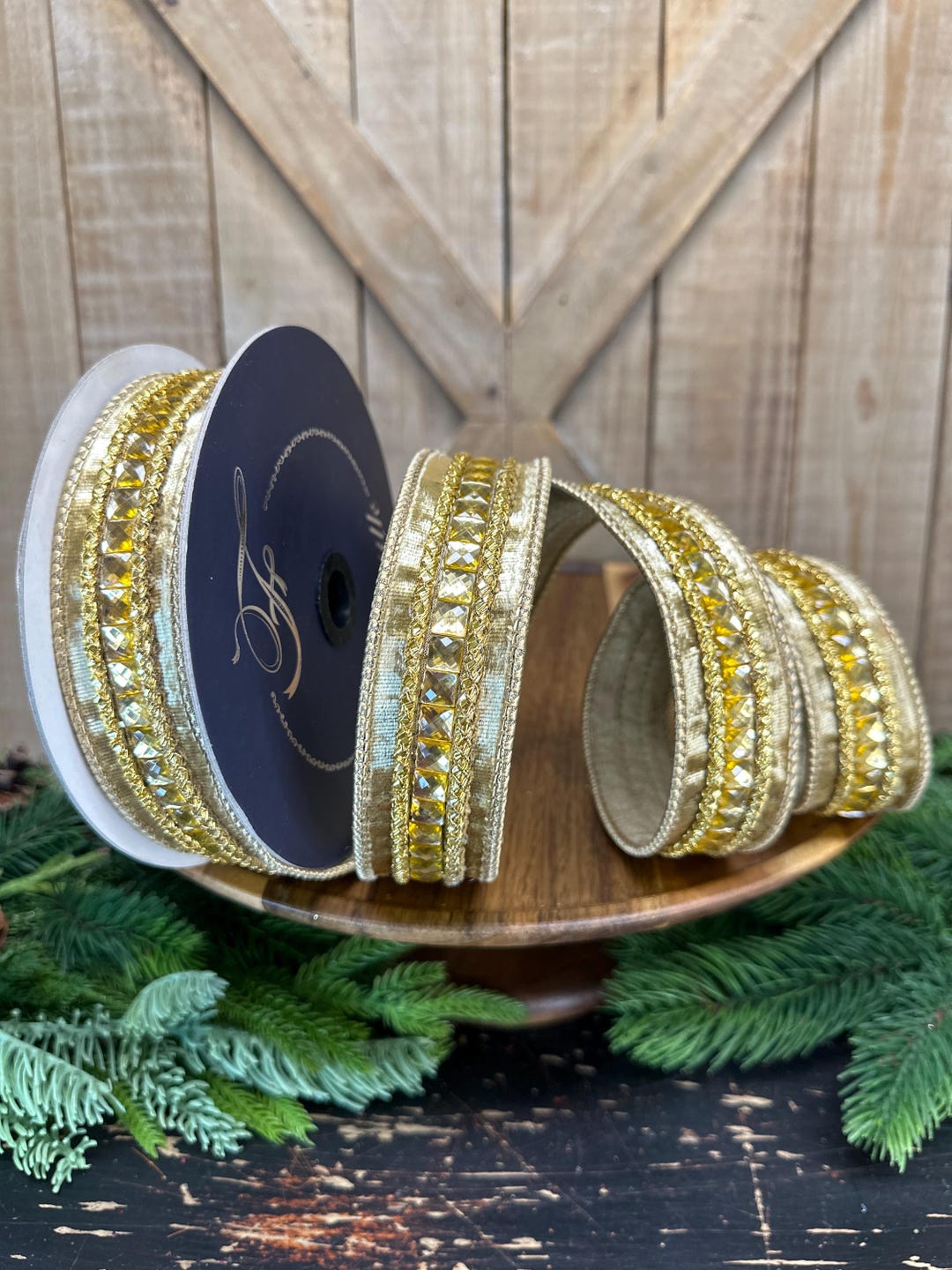 5 Yards, Jeweled Gold Velvet Ribbon With Gold Trim, 1.5 Inch Ribbon ...