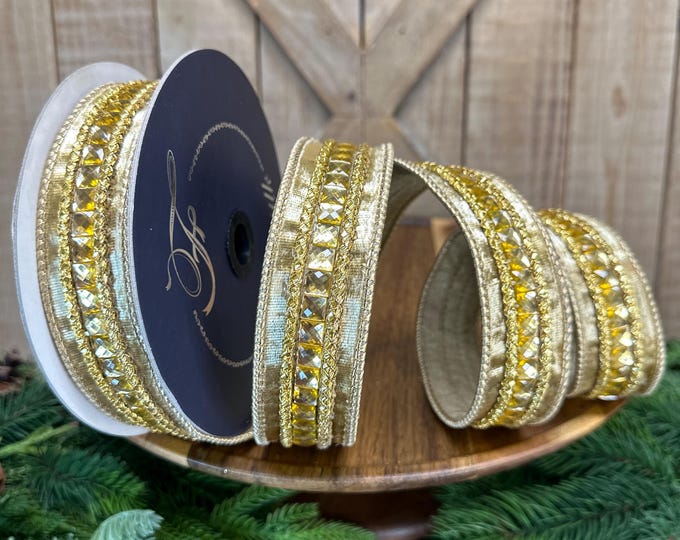 5 Yards, Jeweled Gold Velvet Ribbon With Gold Trim, 1.5 Inch Ribbon ...