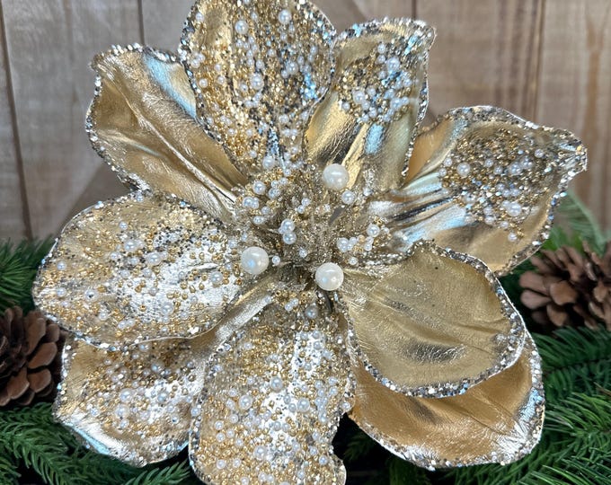 Sequin With Pearls Champagne Metallic Magnolia Stem, Christmas Decor ...