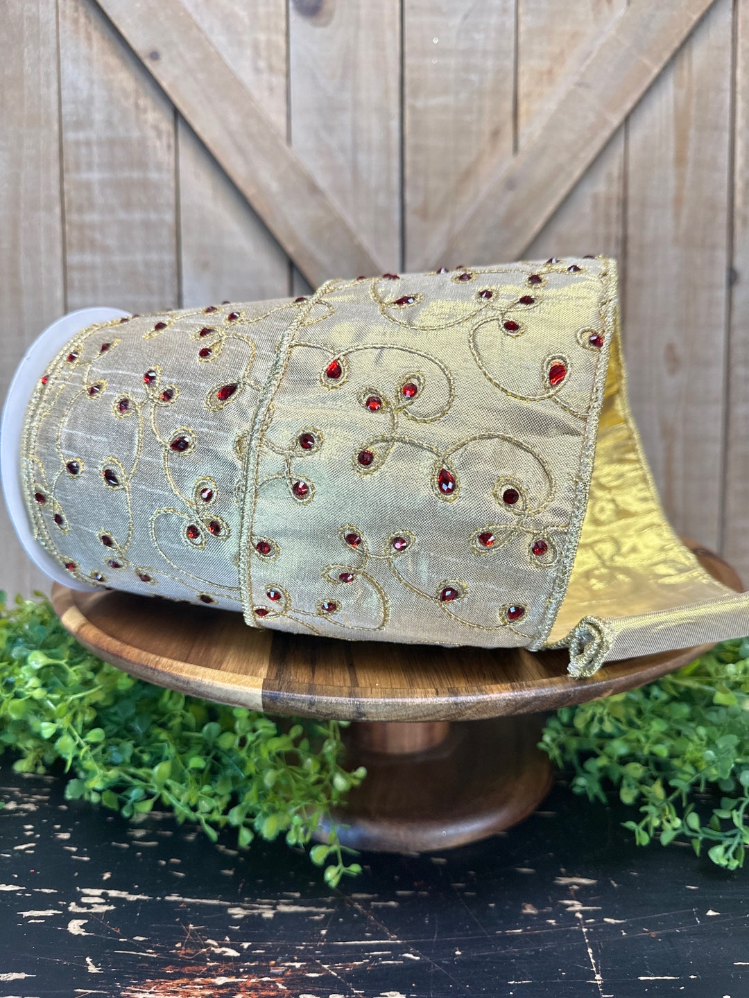 10 Yards, Jeweled Red and Gold Wired Ribbon, 4 Inch Ribbon, RAZ Premium ...