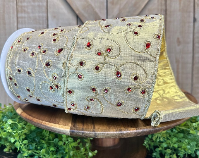 10 Yards, Jeweled Red and Gold Wired Ribbon, 4 Inch Ribbon, RAZ Premium ...