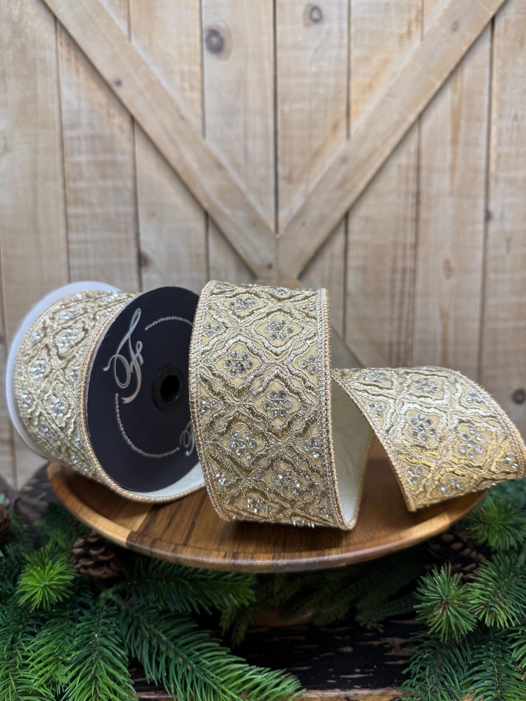 5 Yards, Heirloom Tapestry Gold Wired Ribbon, Designer Ribbon ...