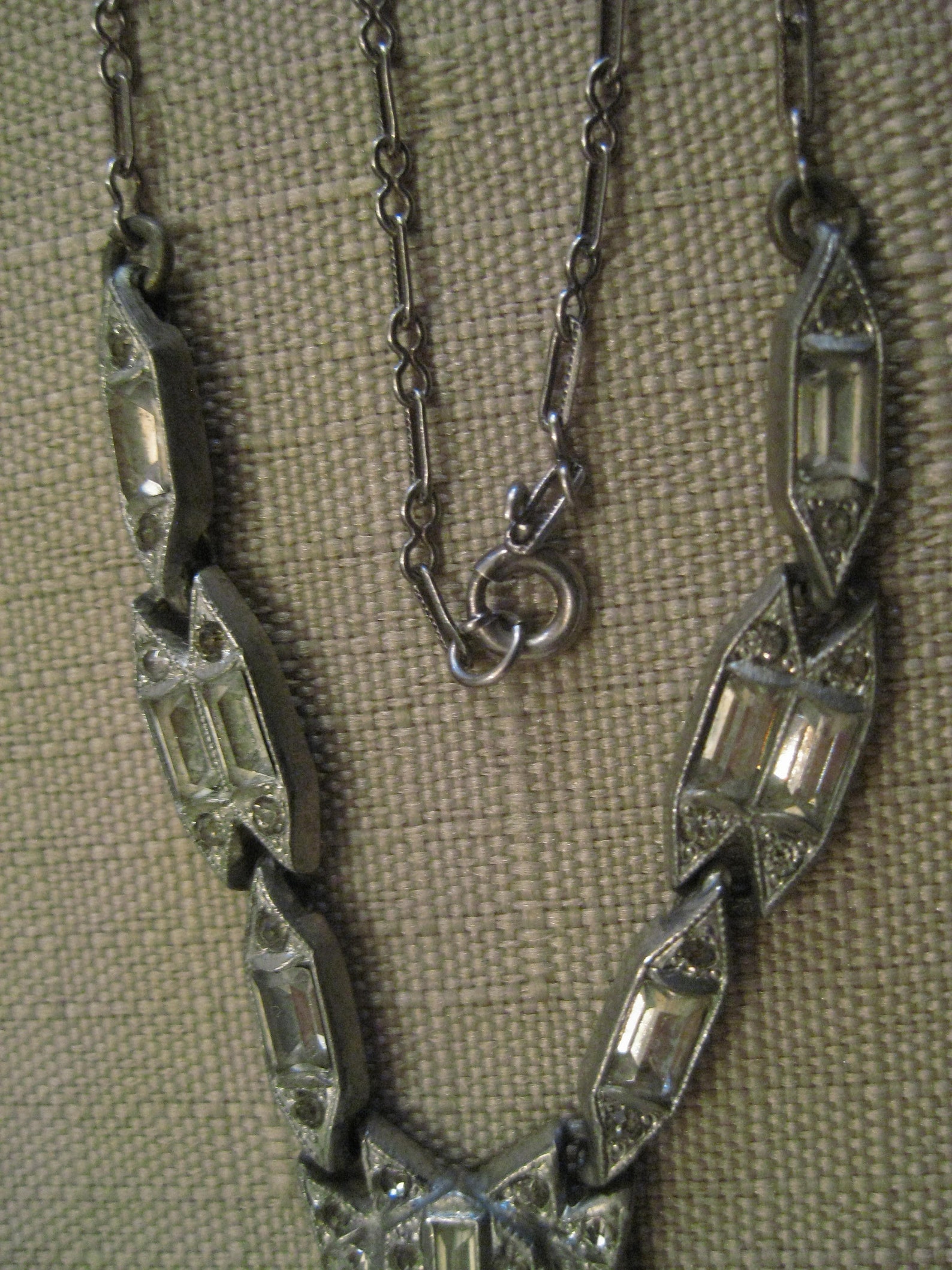 VICTORIAN BAGUETTE RHINESTONE Pendant Necklace Silver Tone Metal Chains ...