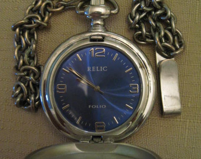 Relic Folio Mens Watch Blue Face Silver Tone Metal Pocket Watch With ...