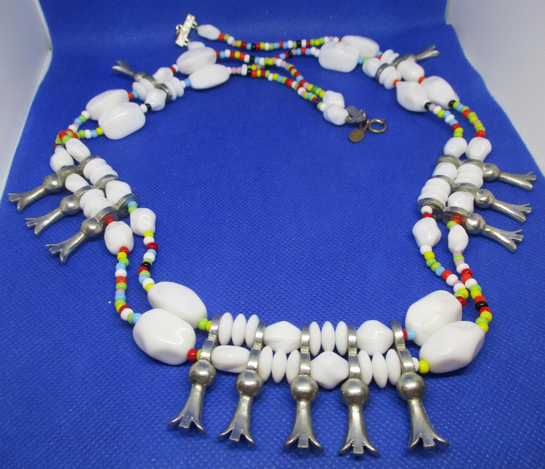 Vintage Lee Menichetti Squash Blossom Necklace: Milk Glass & Seed Beads ...