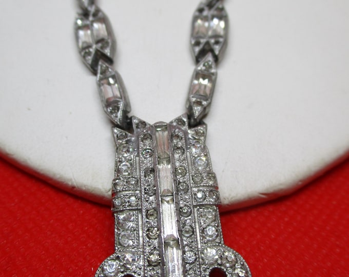 VICTORIAN BAGUETTE RHINESTONE Pendant Necklace Silver Tone Metal Chains ...