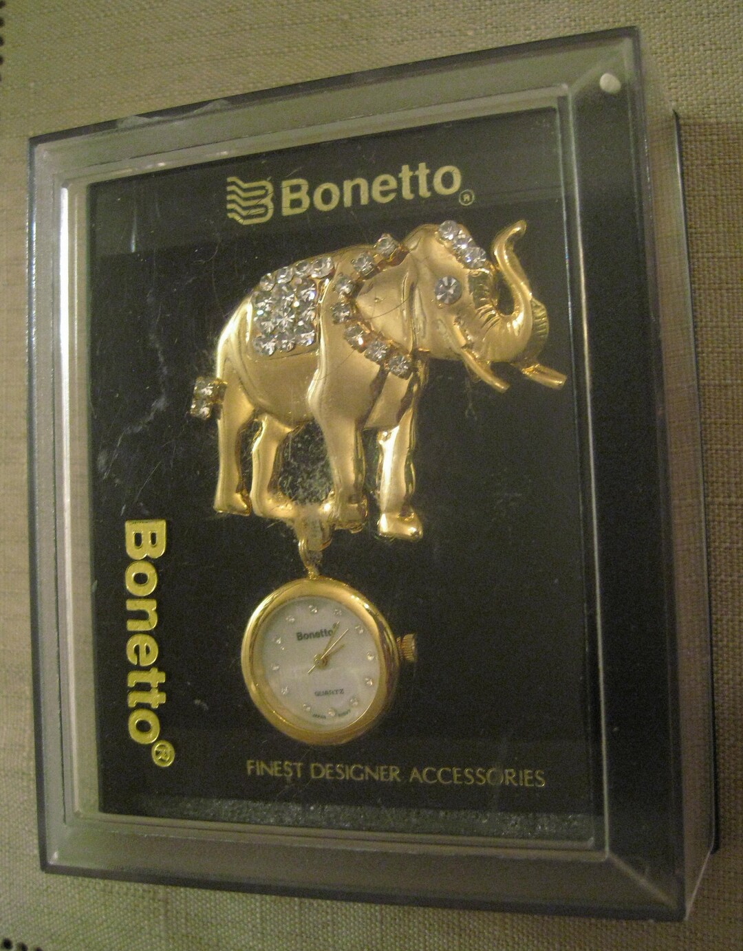 BONETTO Watch Gold Tone Metal RHINESTONE Elephant Dangle Watch Mother ...