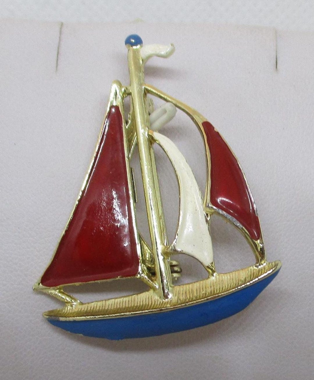 Vintage Enamel Boat Brooch Enamel Ship Brooch Red White & Blue Enamel ...